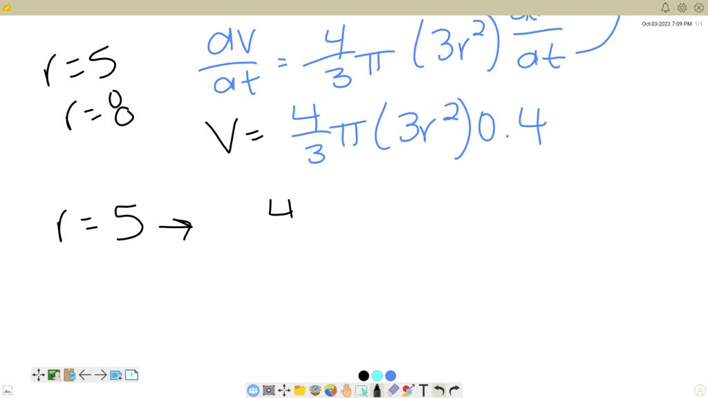 An expanding sphere has radius ?=0.4? cm at time ? (in seconds). Let ...