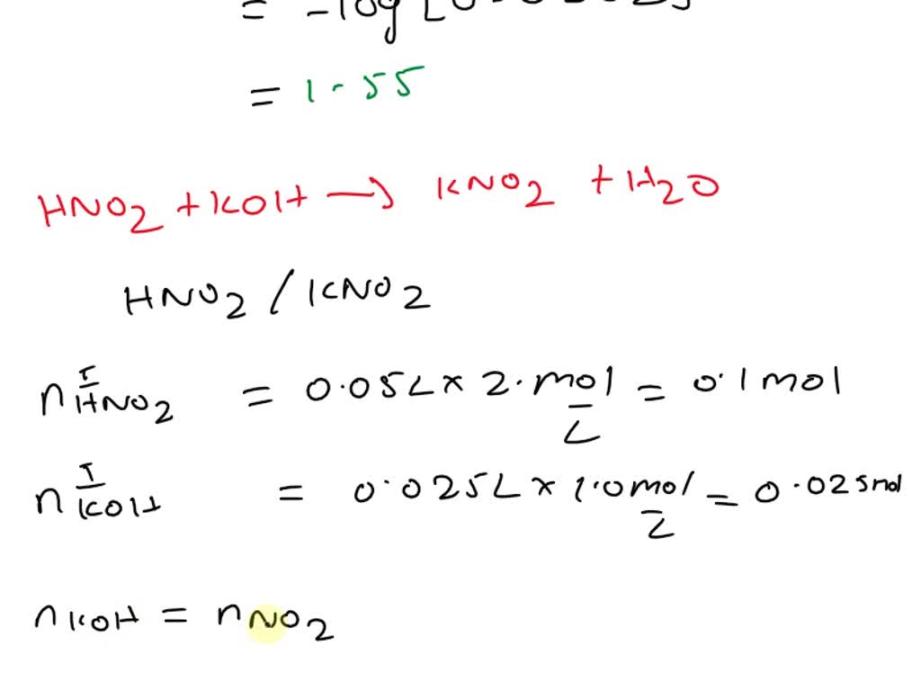 SOLVED: Consider the titration of 50.0 mL of 2.0 M HNO2 (Ka = 4.0x10^-4) with 1.0 M KOH ...