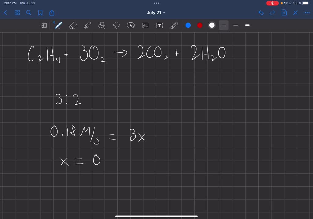 SOLVED: C2H4 + 3O2 -> 2CO2 + 2 H2O When the rate of disappearance of O2 ...
