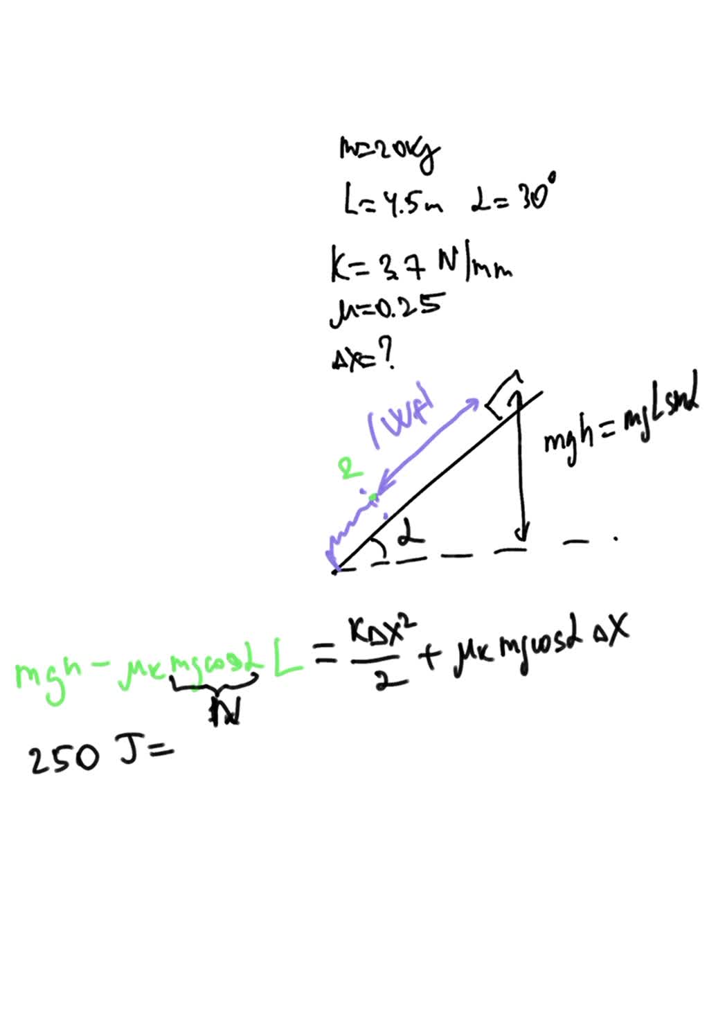 SOLVED: 05). The 20 kg block shown in the diagram below slides 4.5 m from rest down the 30 ...