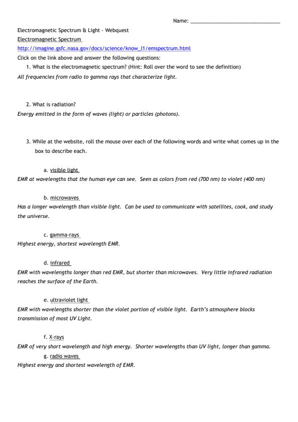 Electromagnetic Spectrum Light Webquest Answer Key | Shelly Lighting