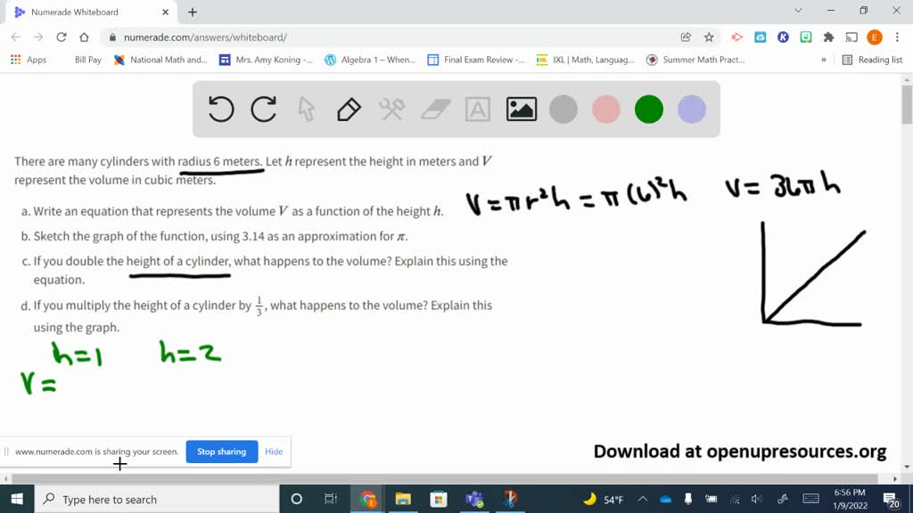 The formula for the volume of a cylinder with radius r and height h is ...