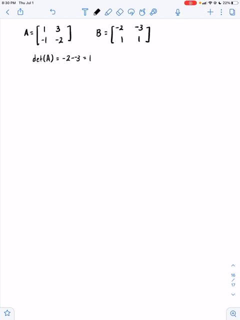SOLVED:Show that B is the inverse of A. A=[ 1 3 -1 -2 ], B=[ -2 -3 1 1 ]