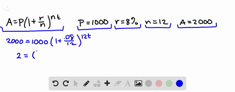 SOLVED:Use the formula A=P(1+(r)/(n))^n t to solve these compound ...