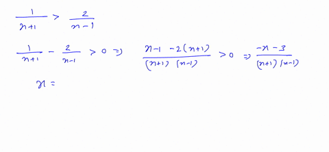 SOLVED:Solve each inequality and graph the solution set on a real number line. (1)/(x+1)>(2)/(x-1)