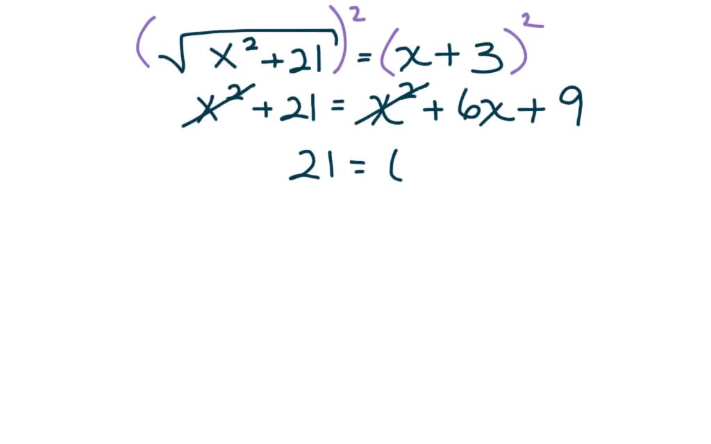 SOLVED:Find all real solutions of each equation. √(x^2+21)=x+3 SOLVED:Find all real solutions of each equation. √(x^2+21)=x+3