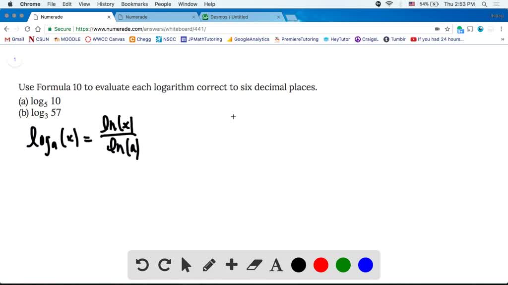 SOLVED: Use Formula 10 to evaluate each logarithm correct to six decimal places. (a) log5 10 (b ...
