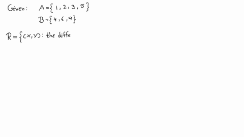 SOLVED:A={1,2,3,5} and B={4,6,9}. Define a relation R from A to B by R={(x, y): the difference ...