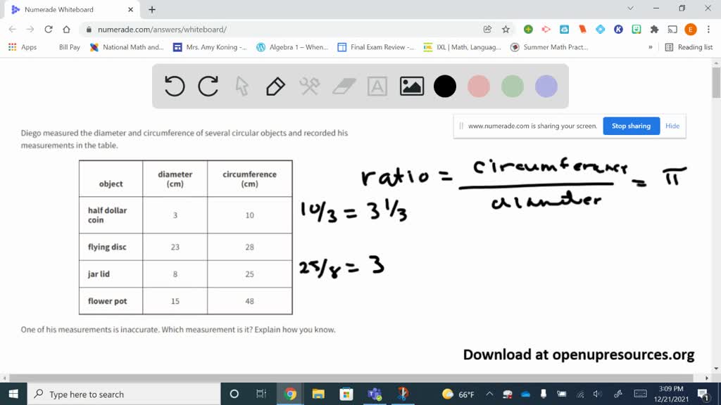 SOLVED:Diego measured the diameter and circumference of several circular objects and recorded ...