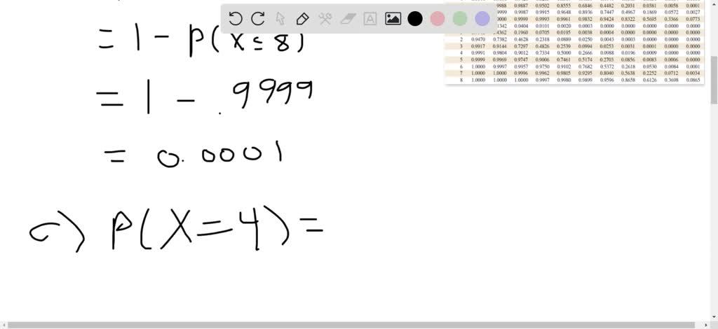Let X be a binomial random variable with p=0.1 and n=10 . Calculate the following probabilities ...