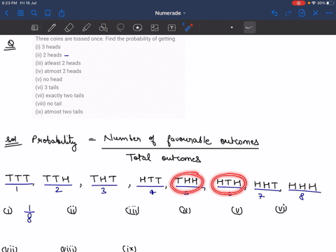 Three coins are tossed once. Find the probability of getting (i) 3 ...