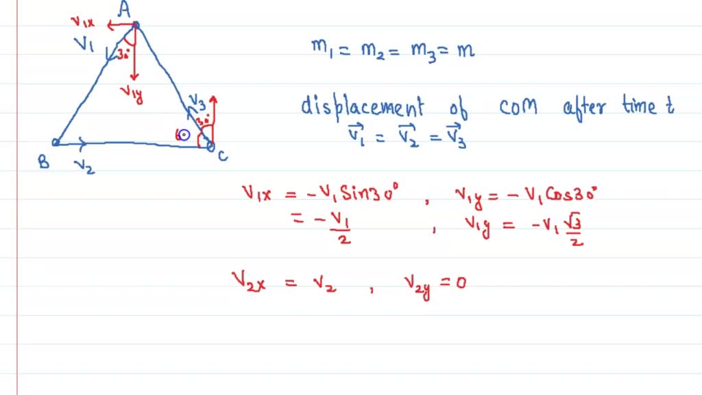 SOLVED:Three particles of equal masses are placed at the corners of an ...