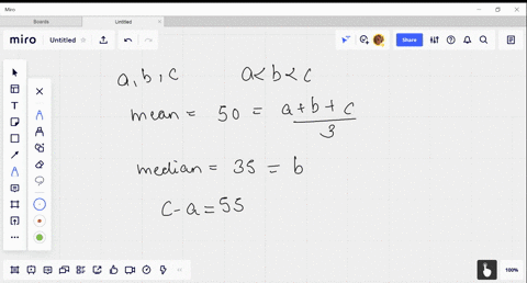 The mean and median of the data a, b and c are 50 and 35 respectively, where a