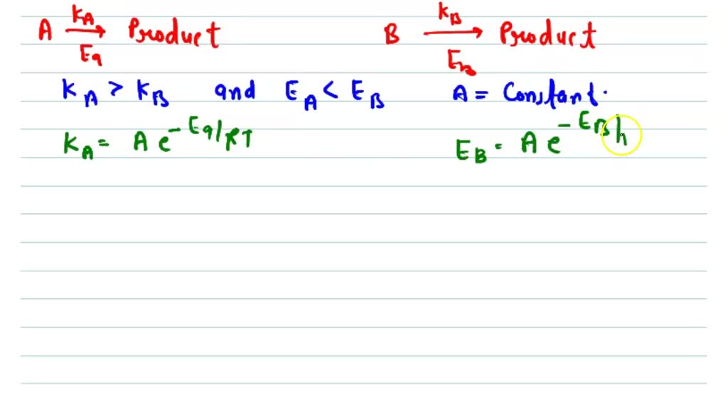 SOLVED:Two reactions A →Products and B →Products have rate constants kA ...