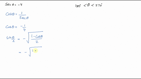 SOLVED:Find the exact values of sin(θ/ 2), cos(θ/ 2), and tan(θ/ 2) for the given conditions ...