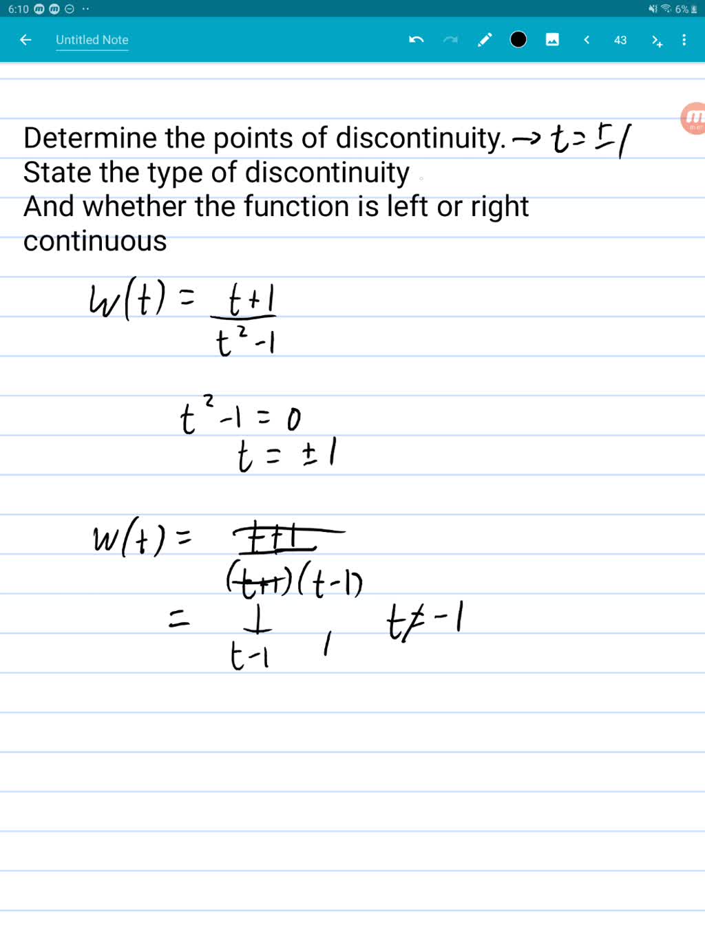 SOLVED:Draw a graph of f(t)=⌊t] . Then find all points of discontinuity and classify each as ...