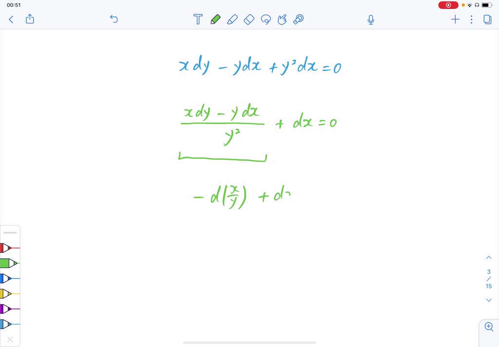 SOLVED:Solve the given differential equations. x d y-y d x+y^2 d x=0
