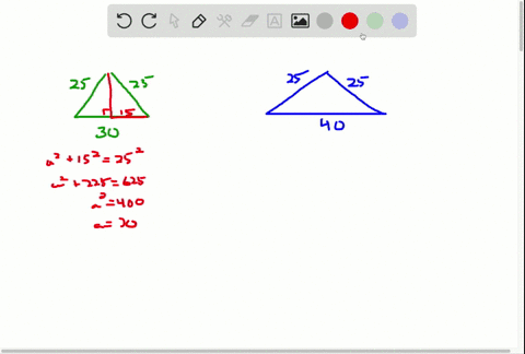 SOLVED:Triangle A B C has sides of lengths 25 ft, 25 ft, and 30 ft ...
