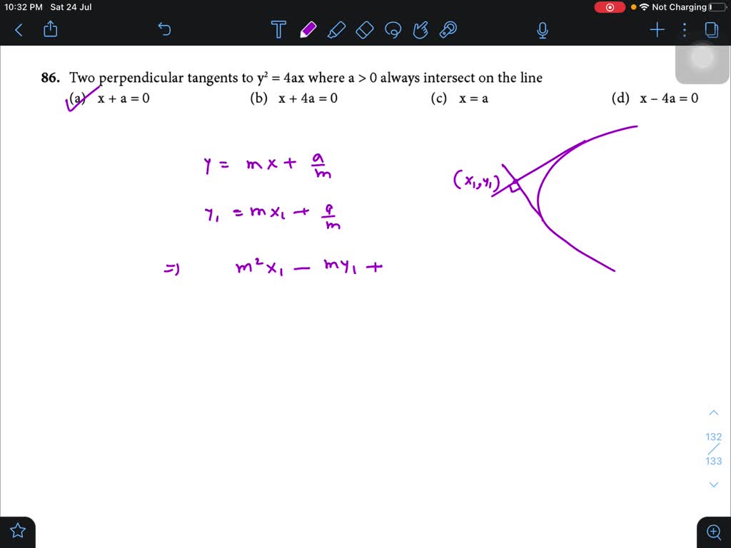 SOLVED:Two perpendicular tangents to y^2=4 ax where a>0 always ...