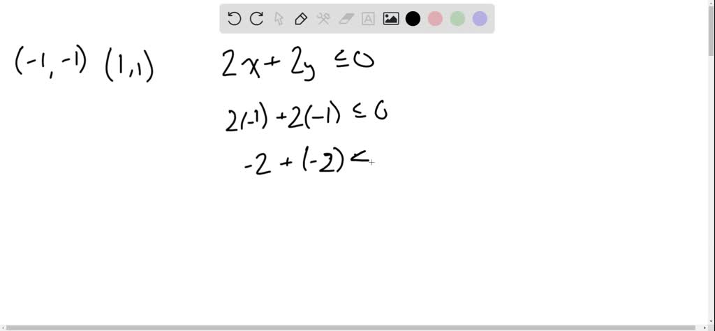 SOLVED:Is each ordered pair a solution of the inequality? 2 x+2 y ≤0 ...