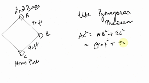 SOLVED:On a baseball diamond, the bases are 90 ft apart. Find the exact ...