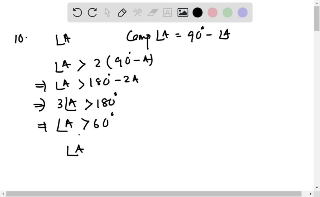 SOLVED:An angle is greater than twice its complement. Find the restrictions on the angle and on ...