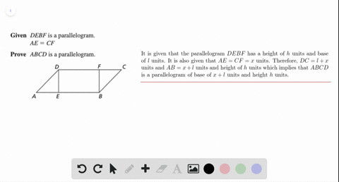 SOLVED:PROOF Write a proof Given DEBF is a parallelogram AE =CF Prove ABCD is a parallelogram