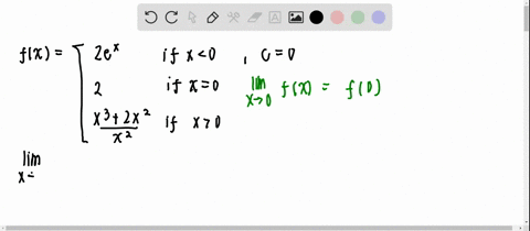 SOLVED:In Problems 45-60, determine whether f is continuous at c. f(x)={ 2 e^x 2 (x^3+2 x^2)/(x ...
