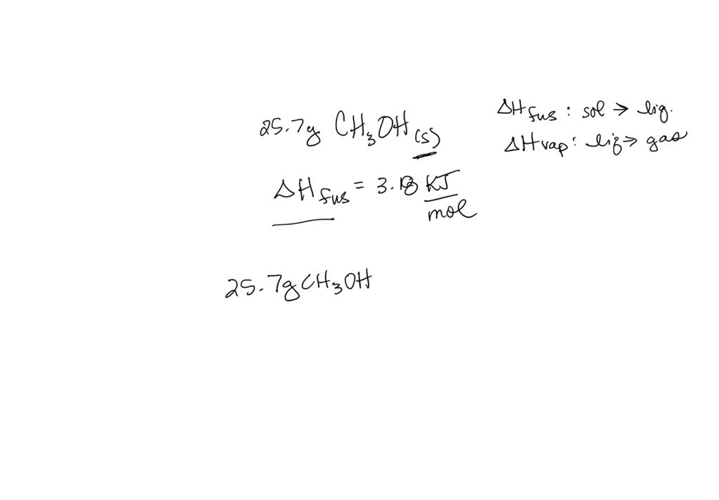 Calculate the heat required to melt 25.7 g of solid methanol at its ...