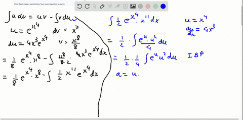 SOLVED:Evaluate ∫x^7 e^x^4 d x [Hint: First, make a substitution; then ...