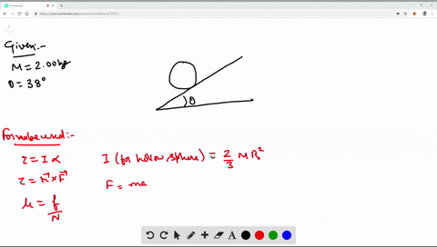 SOLVED: A hollow, spherical shell with mass 2.00 kg rolls without slipping down a 38.0^∘slope ...