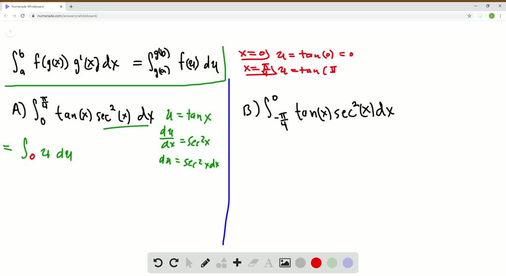 SOLVED:Use the Substitution Formula in Theorem 7 to evaluate the integrals. a. ∫0^π/ 4 tanx sec ...