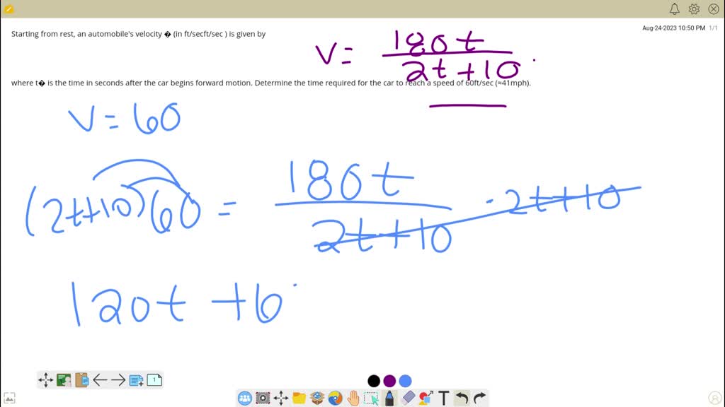 Starting from rest, an automobile's velocity v (in ft / sec ) is given ...