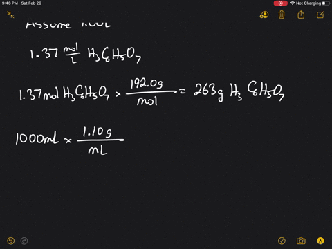 SOLVED:A 1.37-M solution of citric acid (H3 C6 H5 O7) in water has a ...