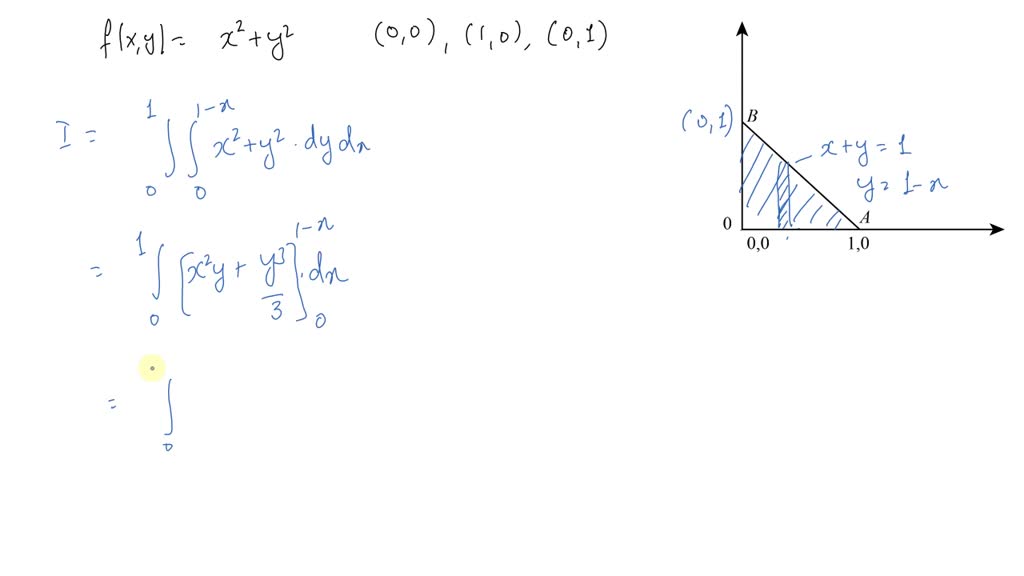 integrate f over the given region. Triangle f(x, y)=x^2+y^2 over the triangular region with ...