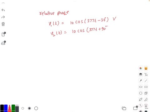 SOLVED:Determine the relative phase relationship of the two waves. v1(t)=10 cos(377 t-30^∘) V v2 ...