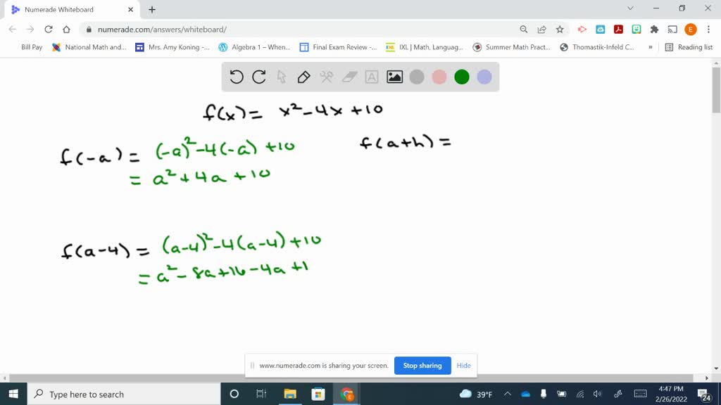 SOLVED:If f(x)=x^2-4 x+10, find f(-a), f(a-4), and f(a+h).