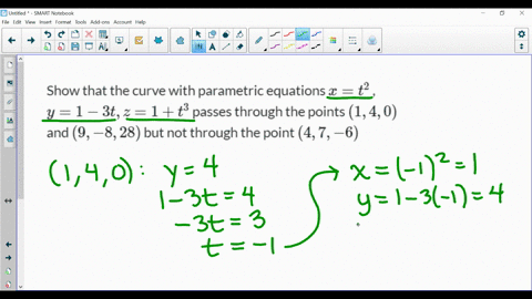 SOLVED: Show that the curve with parametric equations x=t^2 , y=1-3 t, z=1+t^3 passes through ...