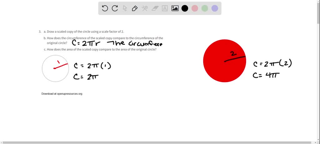 a. Draw a scaled copy of the circle using a scale factor of 2 . b. How ...