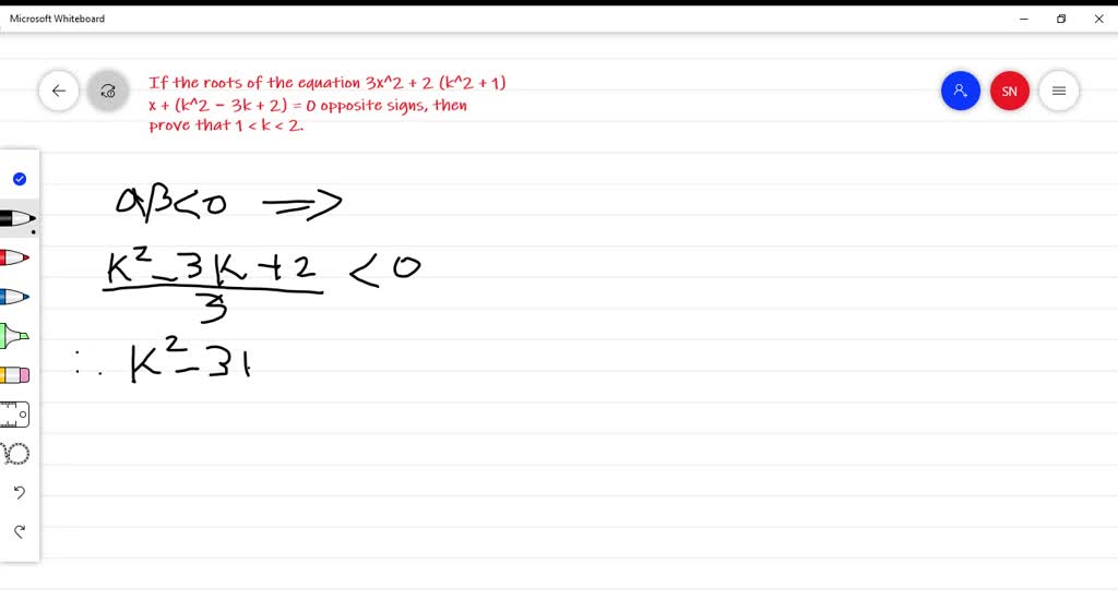 SOLVED:If the roots of the equation 3 x^2+2(k^2+1) x+(k^2-3 k+2)=0 be ...