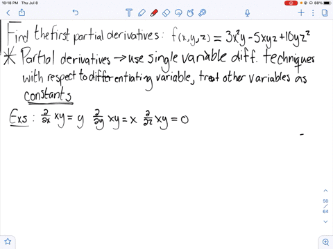 SOLVED:Find the first partial derivatives with respect to x, y, and z ...