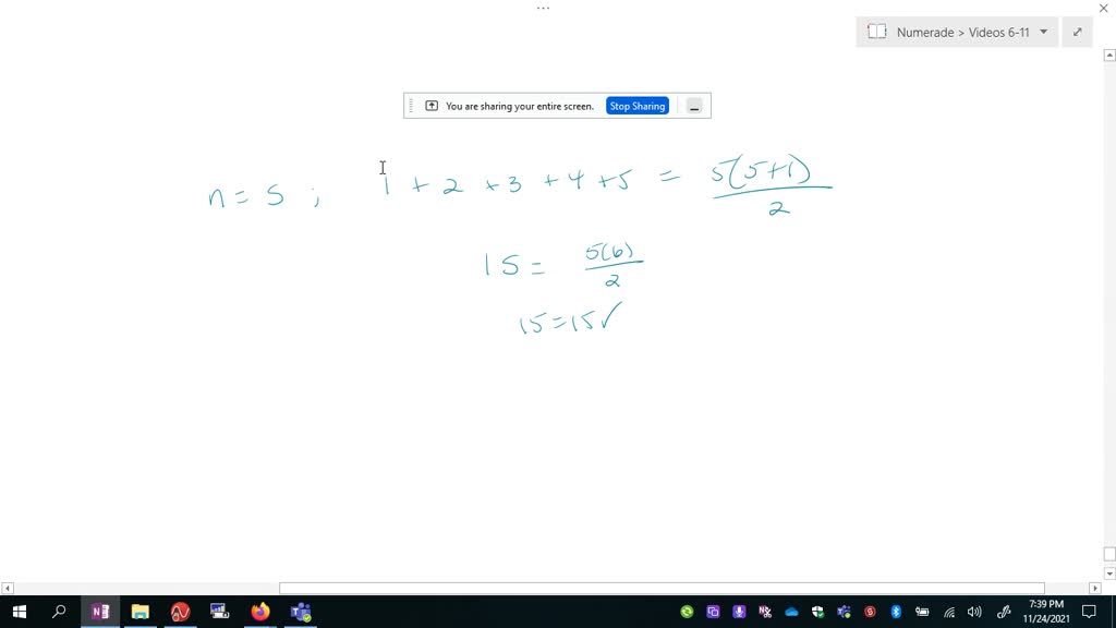 SOLVED:Show that 1+2+3+⋯+n=(n(n+1))/(2) is true for the given value of ...