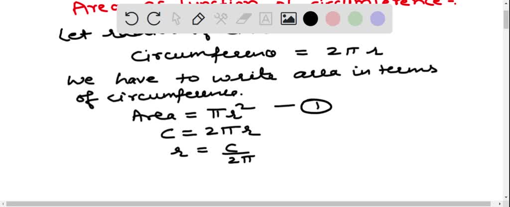 SOLVED:Express the circumference C of a circle as a function f(A) of ... SOLVED:Express the circumference C of a circle as a function f(A) of ...