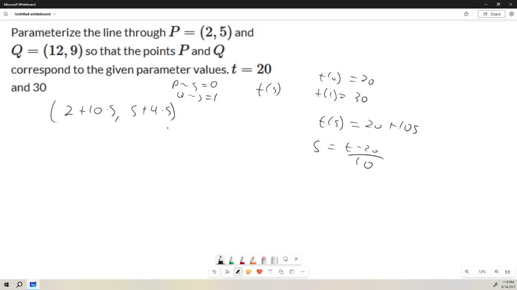 SOLVED:Parameterive the line through P=(2,5) and Q=(12,9) so that the points P and Q correspoed ...