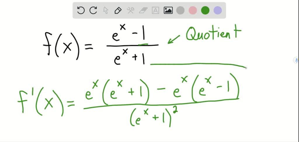 SOLVED:Find the derivative of the function. f(x)=(e^x-1)/(e^x+1)