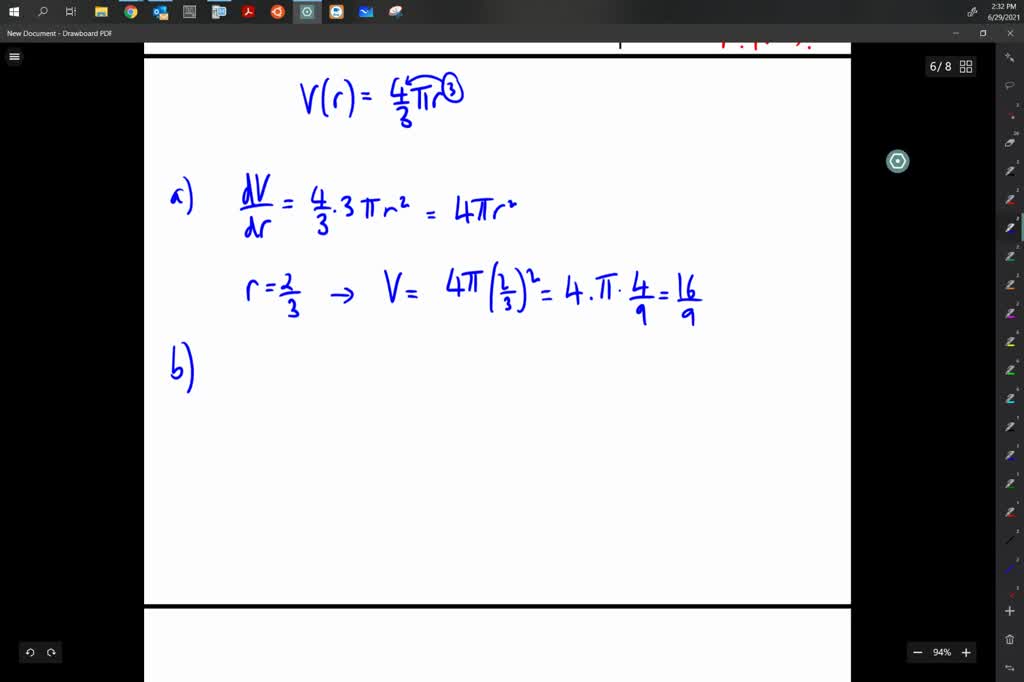 The volume of a spherical cancerous tumor is given by the function V(r)=(4)/(3) πr^3 where r is ...