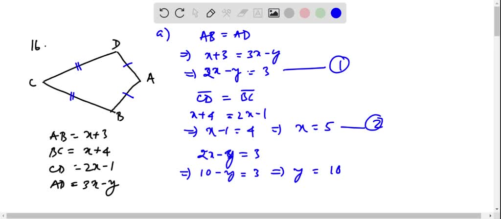 SOLVED:Given: ABCD is a kite. A B=x+3 B C=x+4 C D=2 x-1 A D=3 x-y a ...