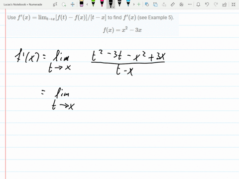 SOLVED:Use f^'(x)=limt →x[f(t)-f(x)] /[t-x] to find f^'(x) (see Example ...
