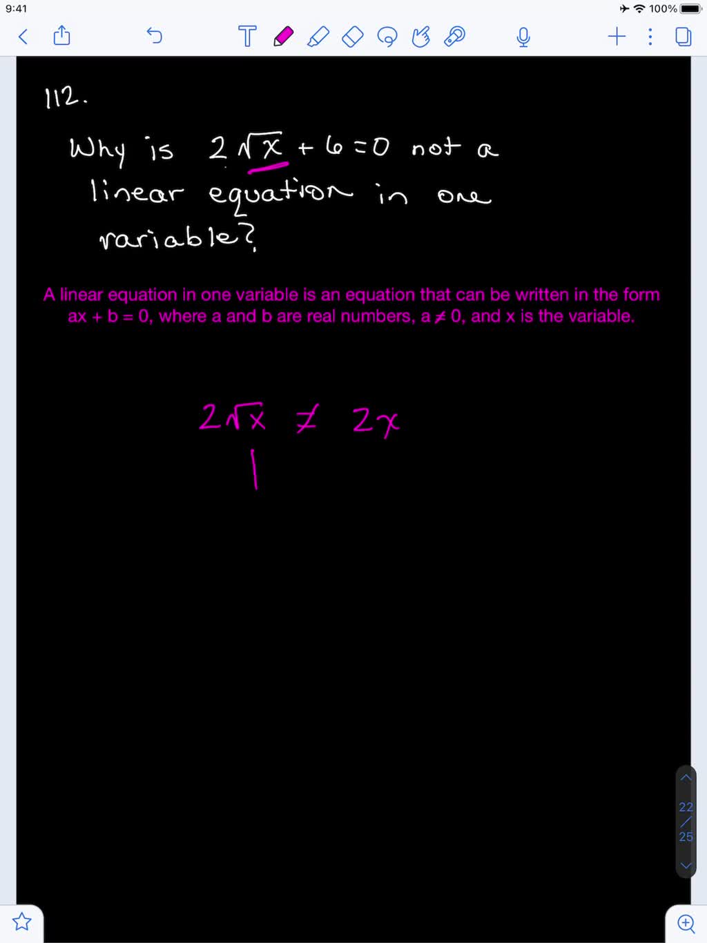 SOLVED:Explain why 2 √(x)+6=0 is not a linear equation in one variable. SOLVED:Explain why 2 √(x)+6=0 is not a linear equation in one variable.