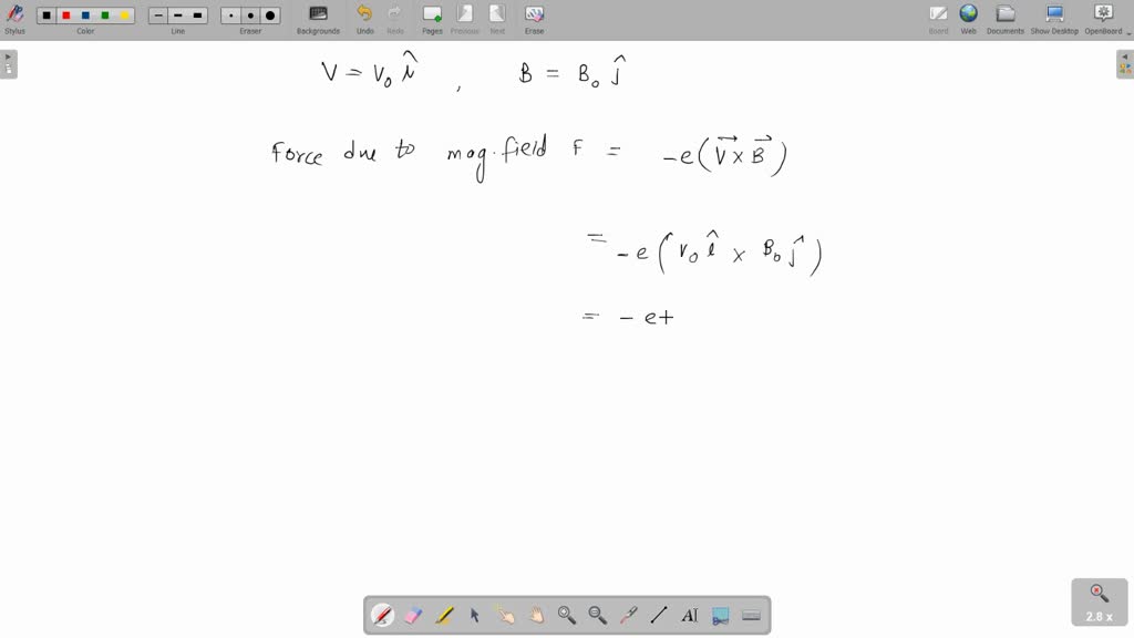 SOLVED:An electron is moving with an initial velocity 𝐯=v0 𝐢̂ and is in a magnetic field 𝐁=B0 𝐣̂ ...